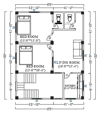 800 Square Feet - 25x32 Feet Home Plan With Cost