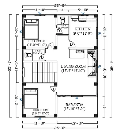 850 Square Feet - 25x35 Feet Home Plan With Cost