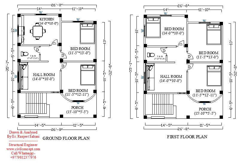 927 Square Feet - 26x35 Feet Home Plan
