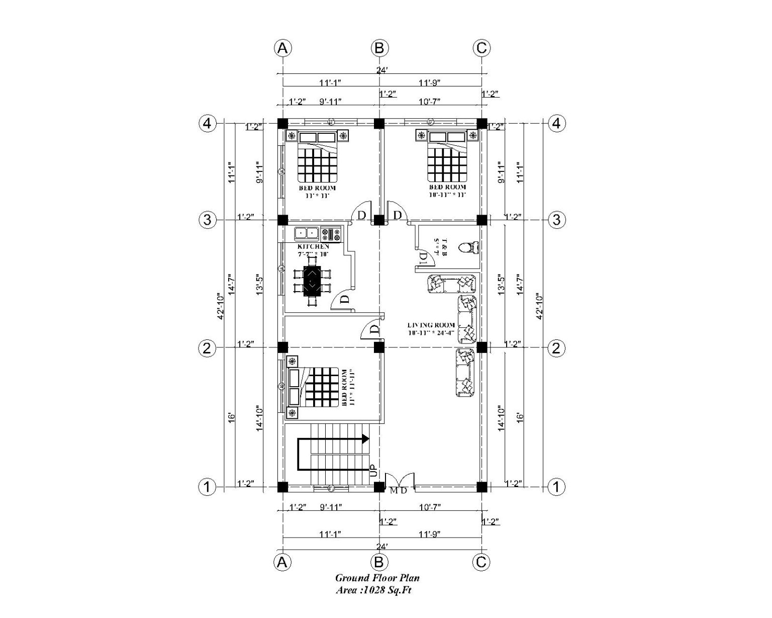 3BHK - 2D Drawing 24x43 Feet Home Plan