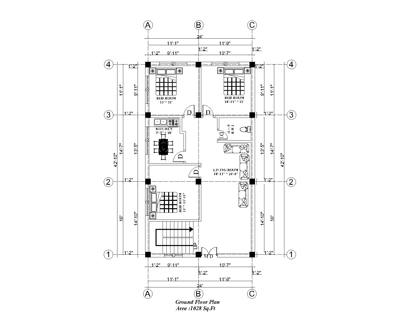 3BHK - 2D Drawing 24x43 Feet Home Plan